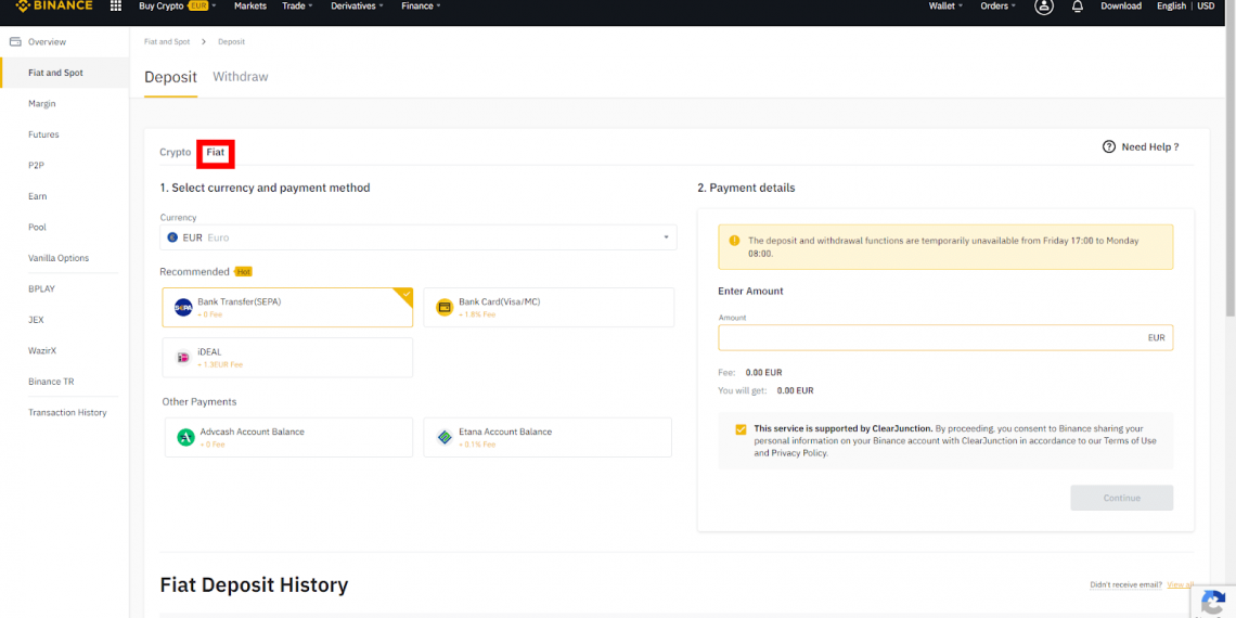 Instructions on how to deposit crypto on Binance