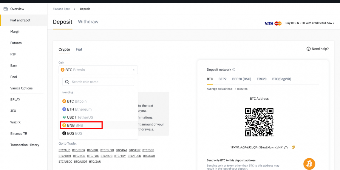Instructions on how to deposit crypto on Binance