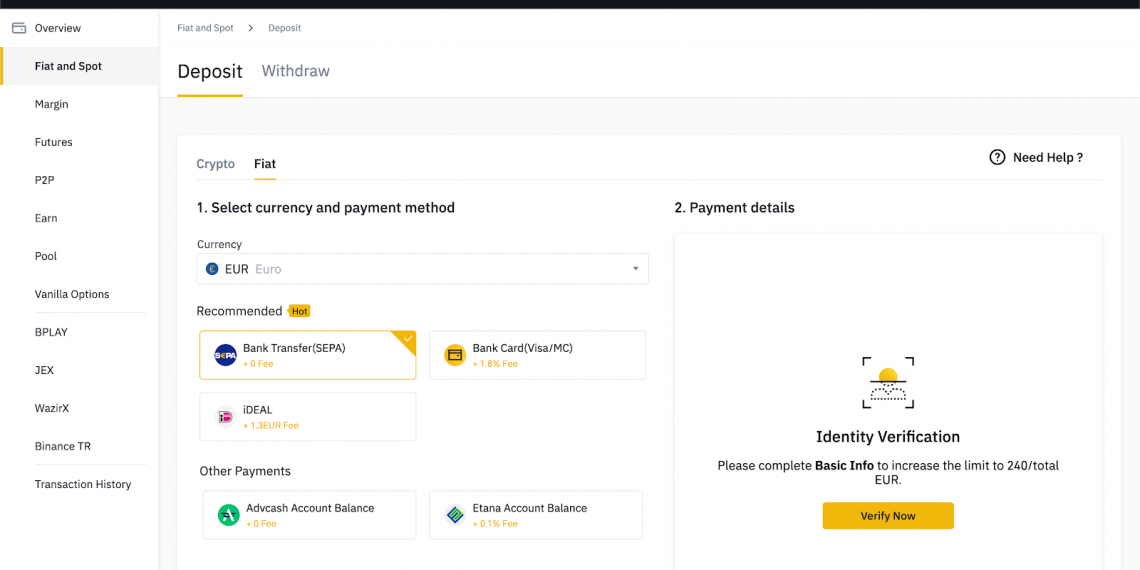 Instructions on how to deposit crypto on Binance